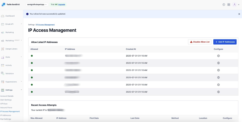 Whitelisting IP Addresses for SendGrid API Keys
